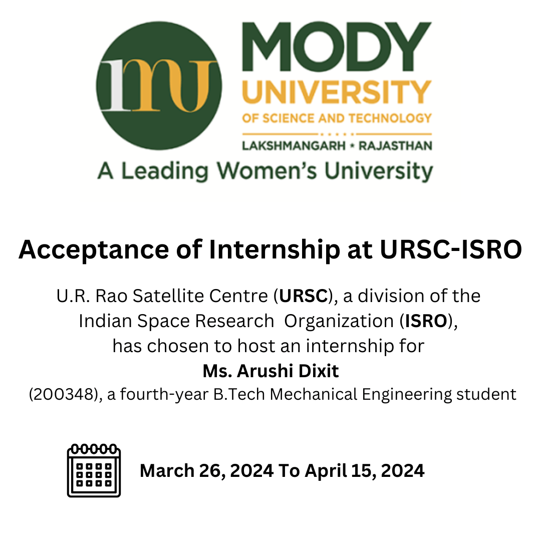 Acceptance of Internship at URSC-ISRO - Mody University