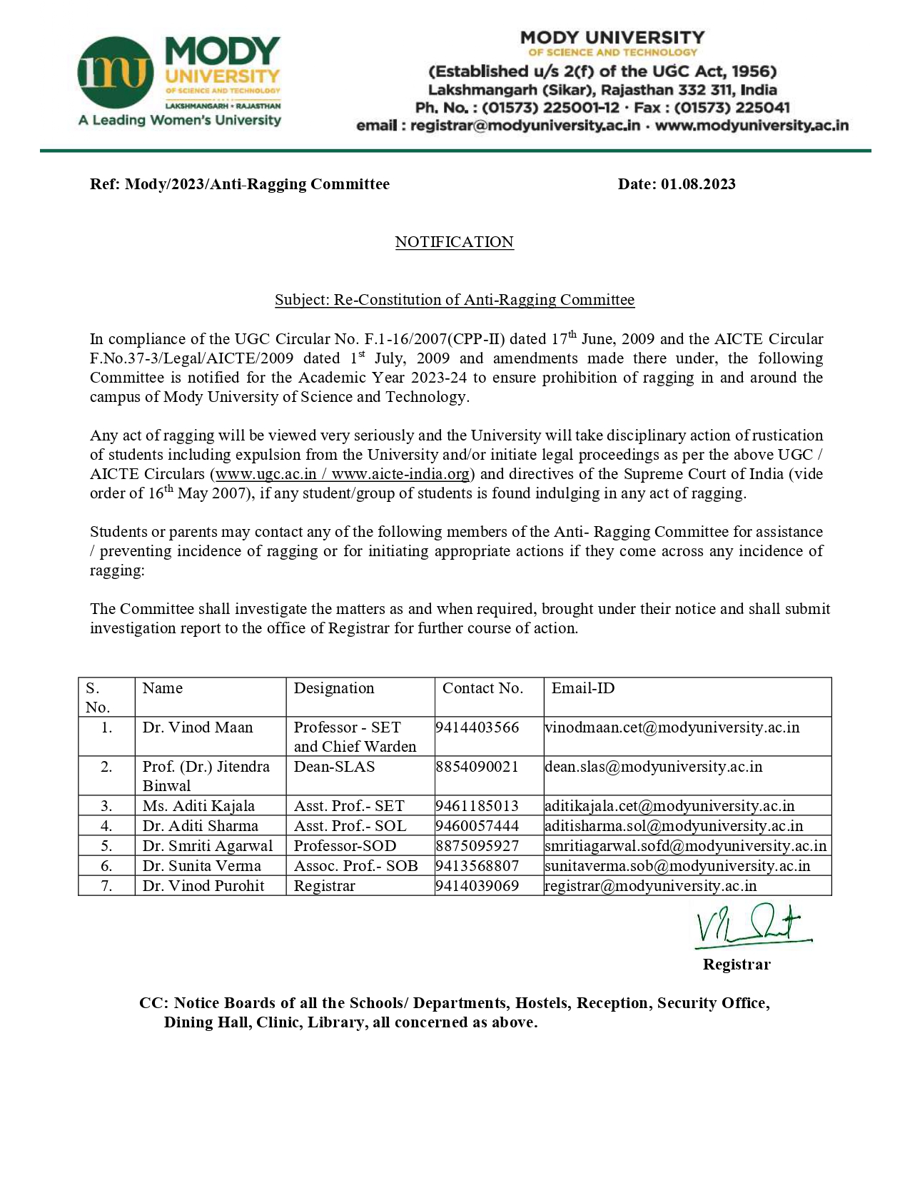 National Anti-Ragging Helpline - Mody University